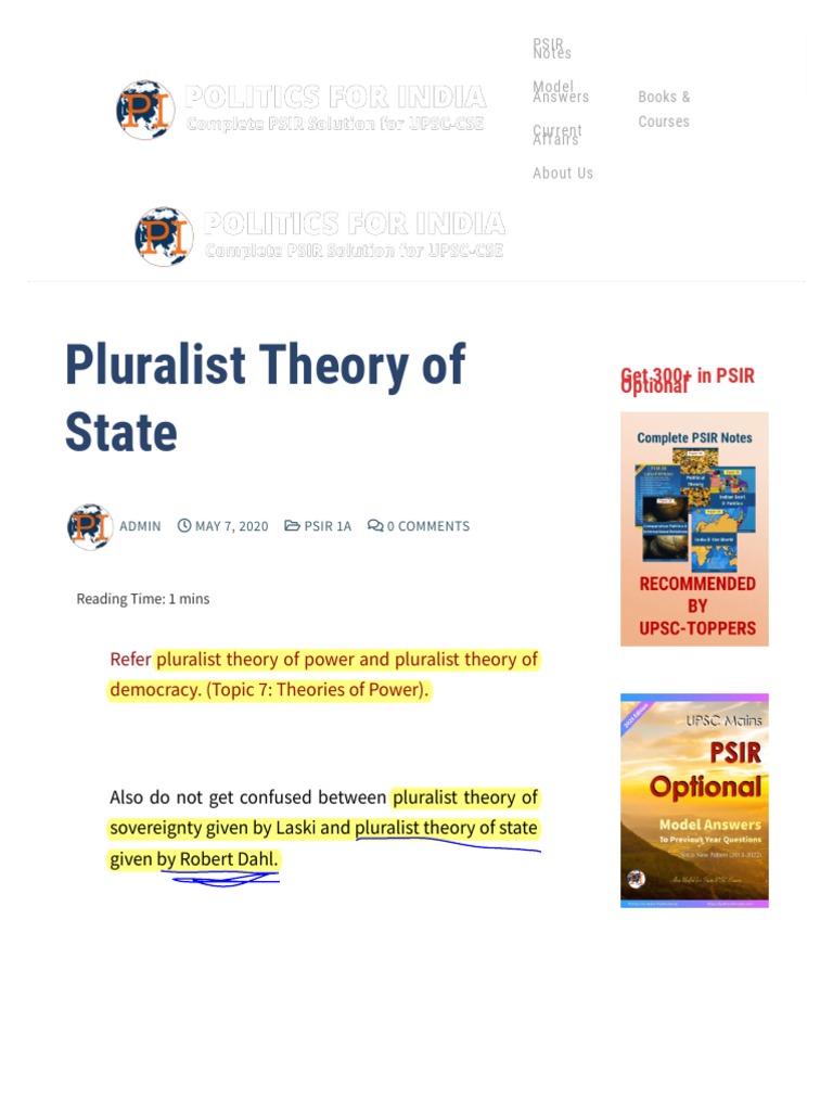 Pluralist Theory of State - Politics For India | PDF