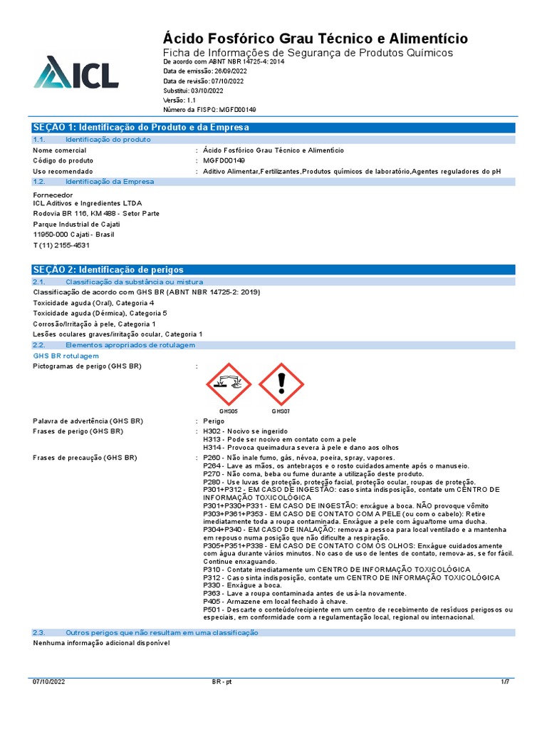 Acido Fosforico - ICL Brasil - FISPQ - Rev 2022 | PDF