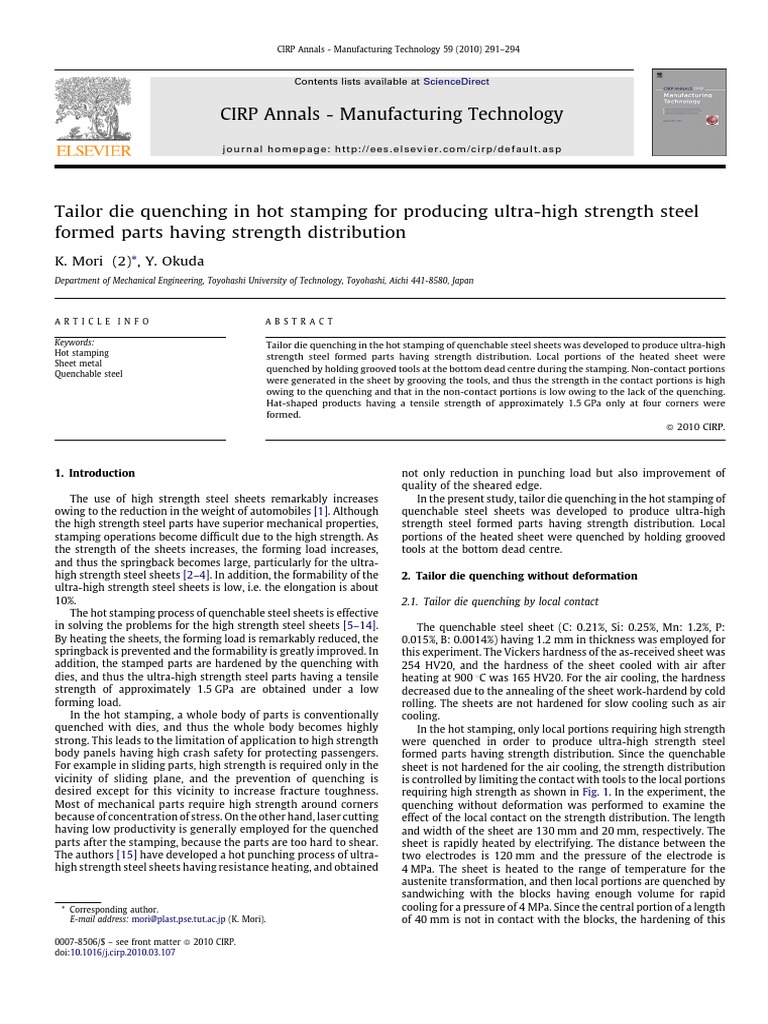 Tailor Die Quenching in Hot Stamping For Producing Ultra-High Strength ...