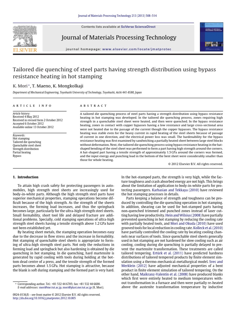 Tailored Die Quenching of Steel Parts Having Strength Distribution ...