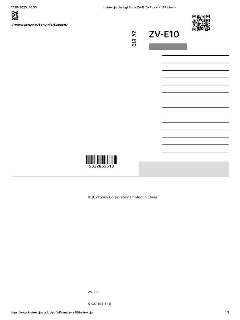 Instrukcja Obsługi Sony ZV-E10 (Polski - 187 Stron) | PDF