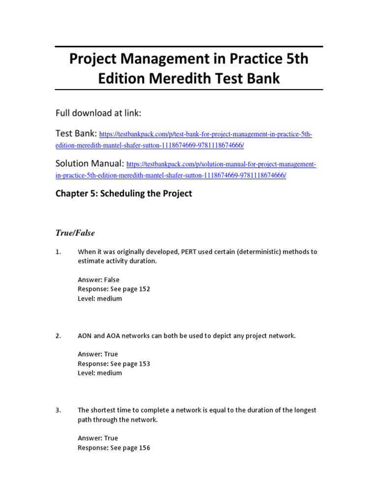 Project Management in Practice 5th Edition Meredith Test Bank Download ...