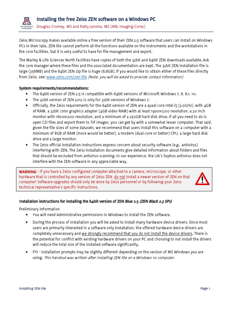 Installing The Free Zeiss ZEN Software On A Windows PC (Rev2018) | PDF