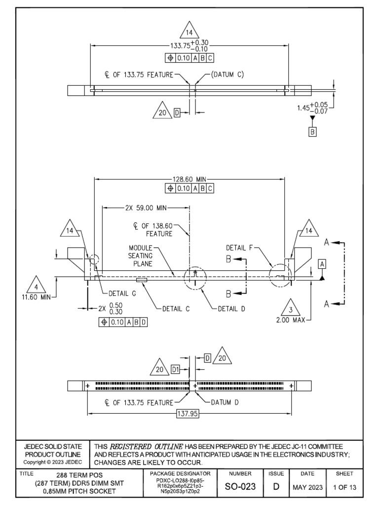 Jedec So-023d：2023 288 Term Pos (287 Term} Ddr5 Dimm Smt 0.85mm Pitch ...