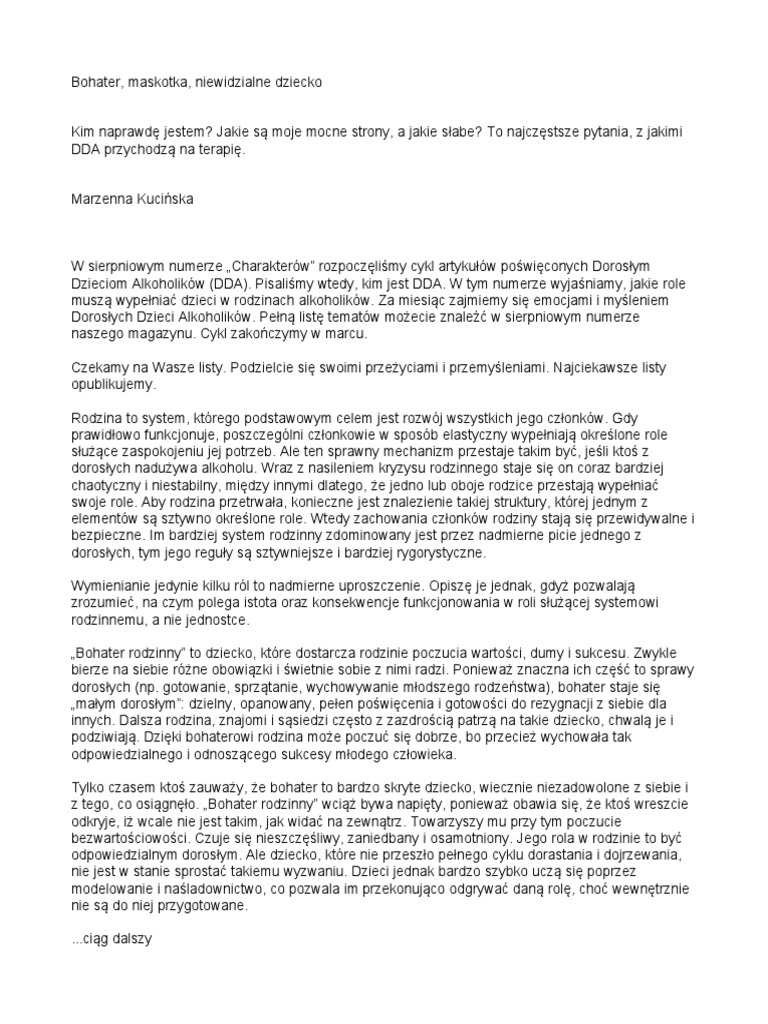 Bohater, Maskotka, Niewidzialne Dziecko - Role DDA | PDF