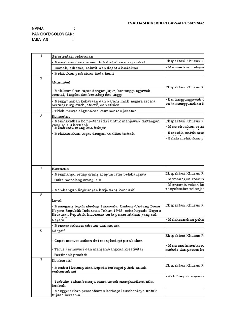 Form Evaluasi Penilaian Kinerja Pegawai 2023 | PDF