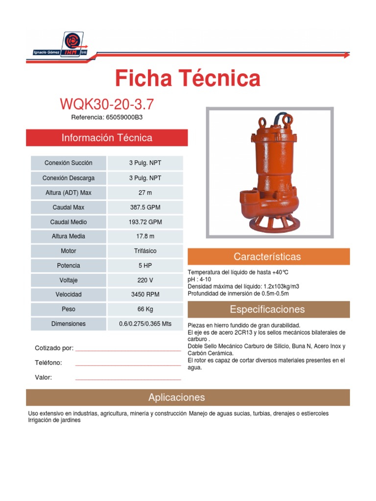 Bomba WQK30-20-3.7: Especificaciones y Usos | PDF