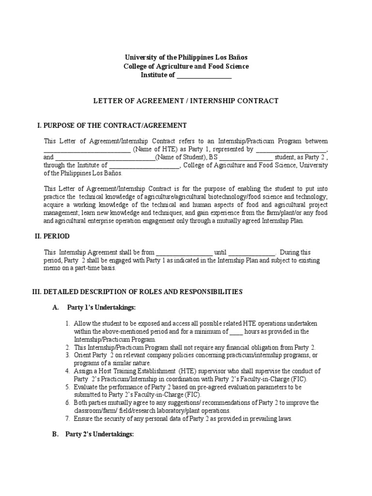 Letter of Agreement - Internship Contract (With Internship Plan) | PDF