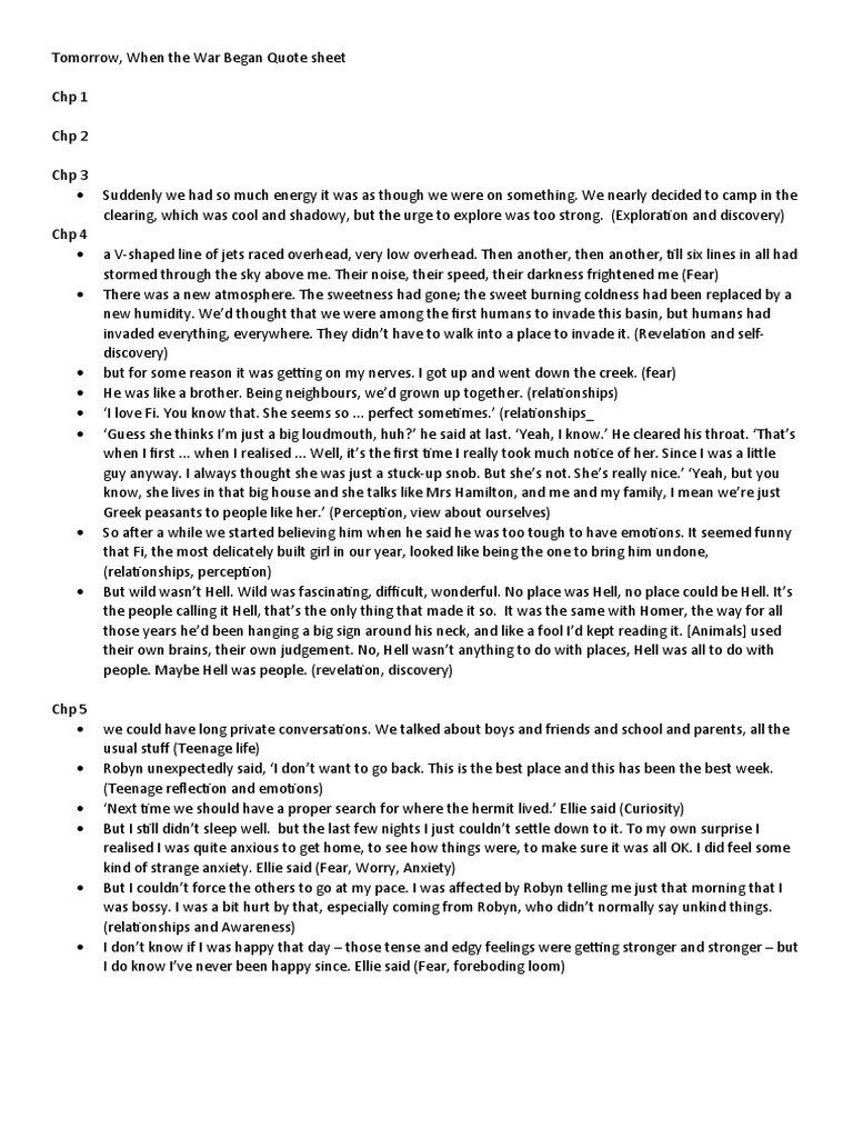 Tomorrow When The War Began Quote Sheet | PDF