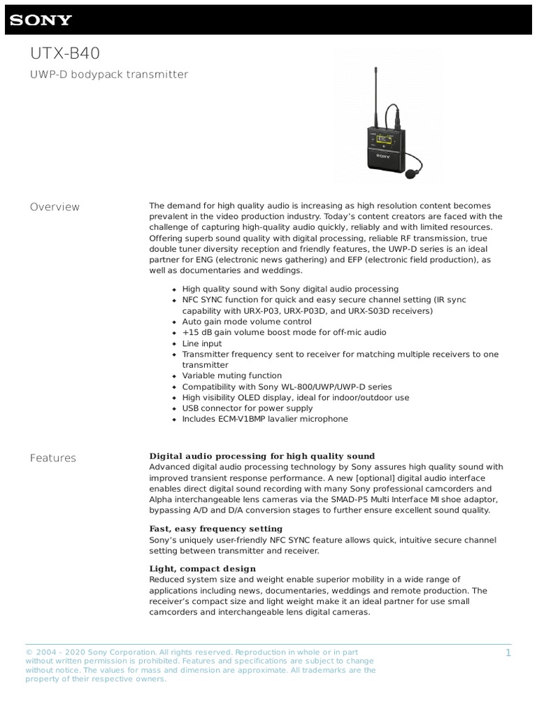 Sony UWP-D Bodypack Transmitter Overview | PDF