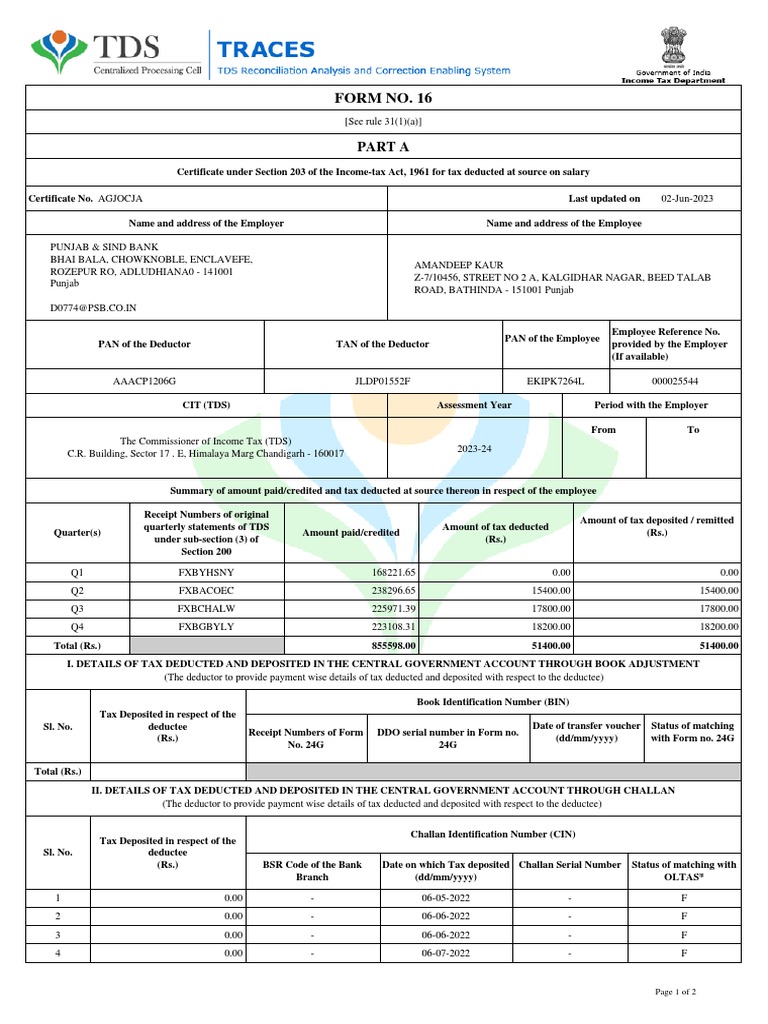 Form 16 Part A | PDF
