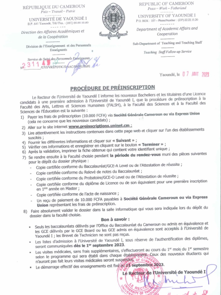Procedure de Preinscription Uy1 2023-2024 - Universite de Yaounde I ...