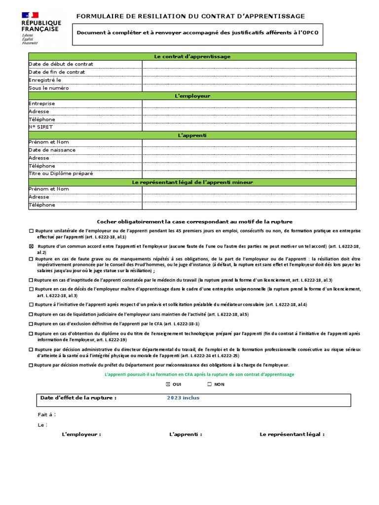 Formulaire Résiliation Contrat-D-Apprentissage 2023 | PDF | Finance et ...