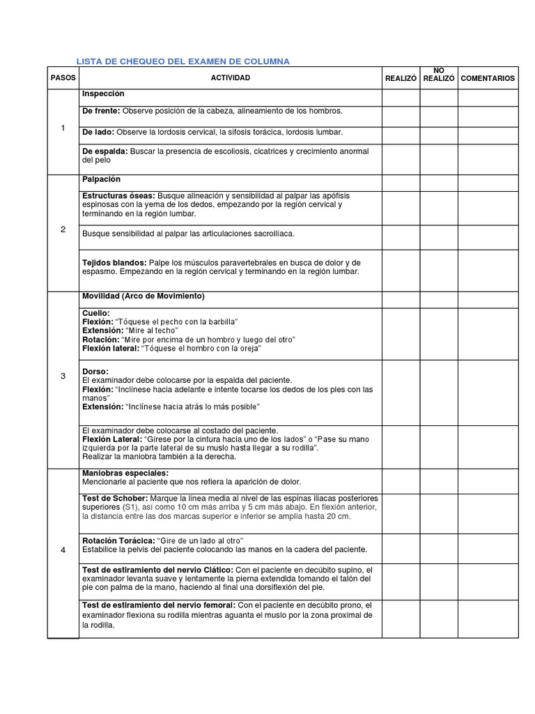 Check List Columna | PDF | La columna vertebral | Anatomía