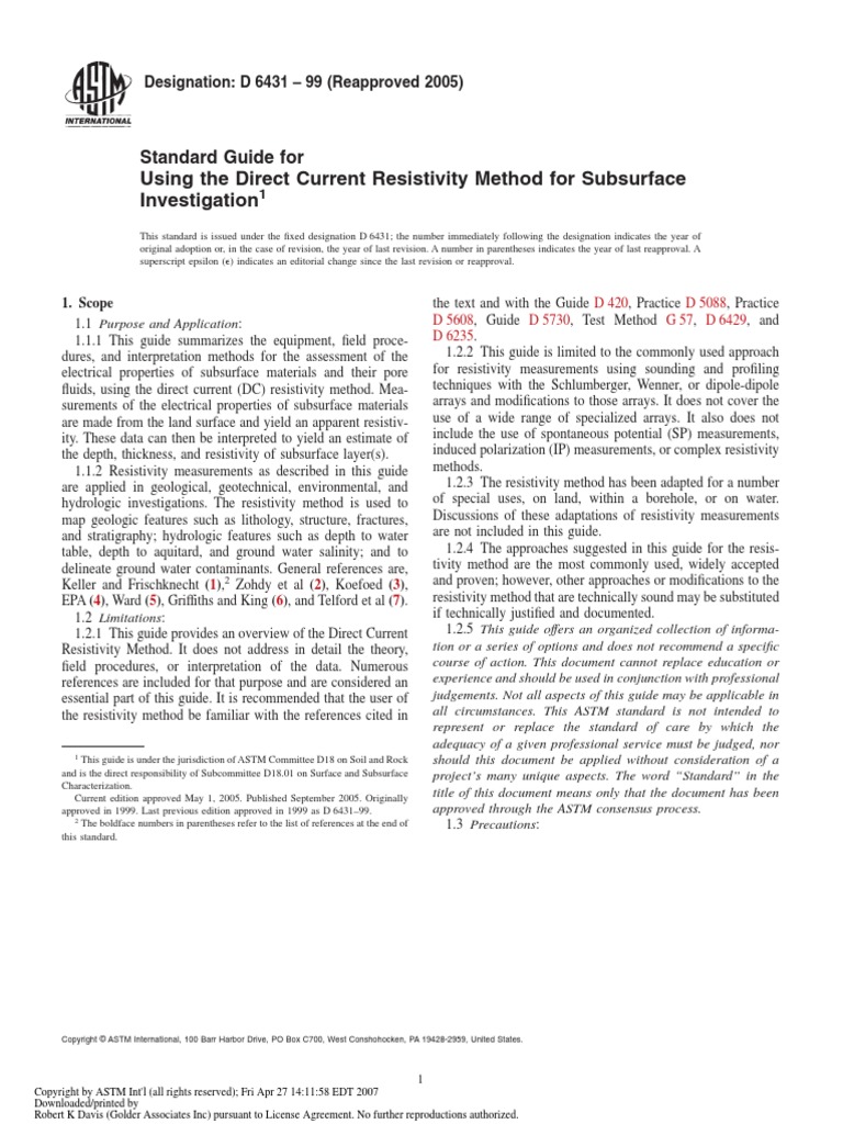 D6431-99 Direct Current Resistivity | PDF | Science & Mathematics ...