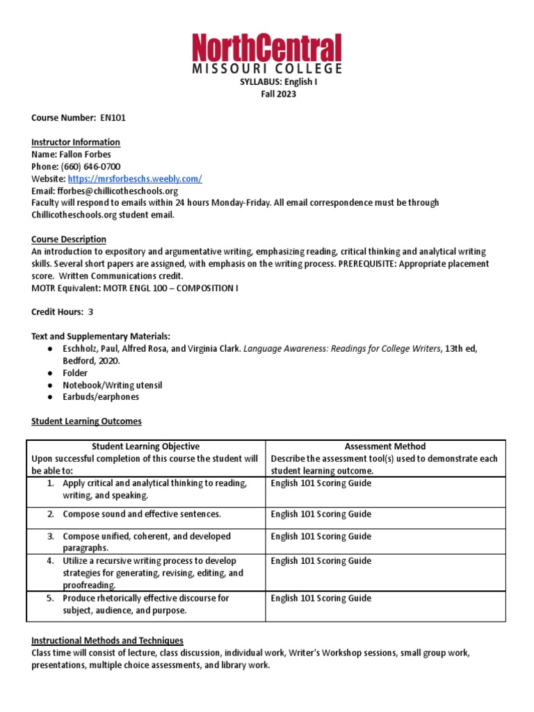 En 101 Syllabus (Fall 2023) | PDF