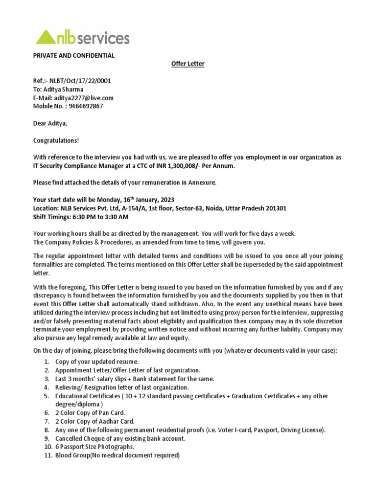 Offer Letter - Aditya Sharma | PDF