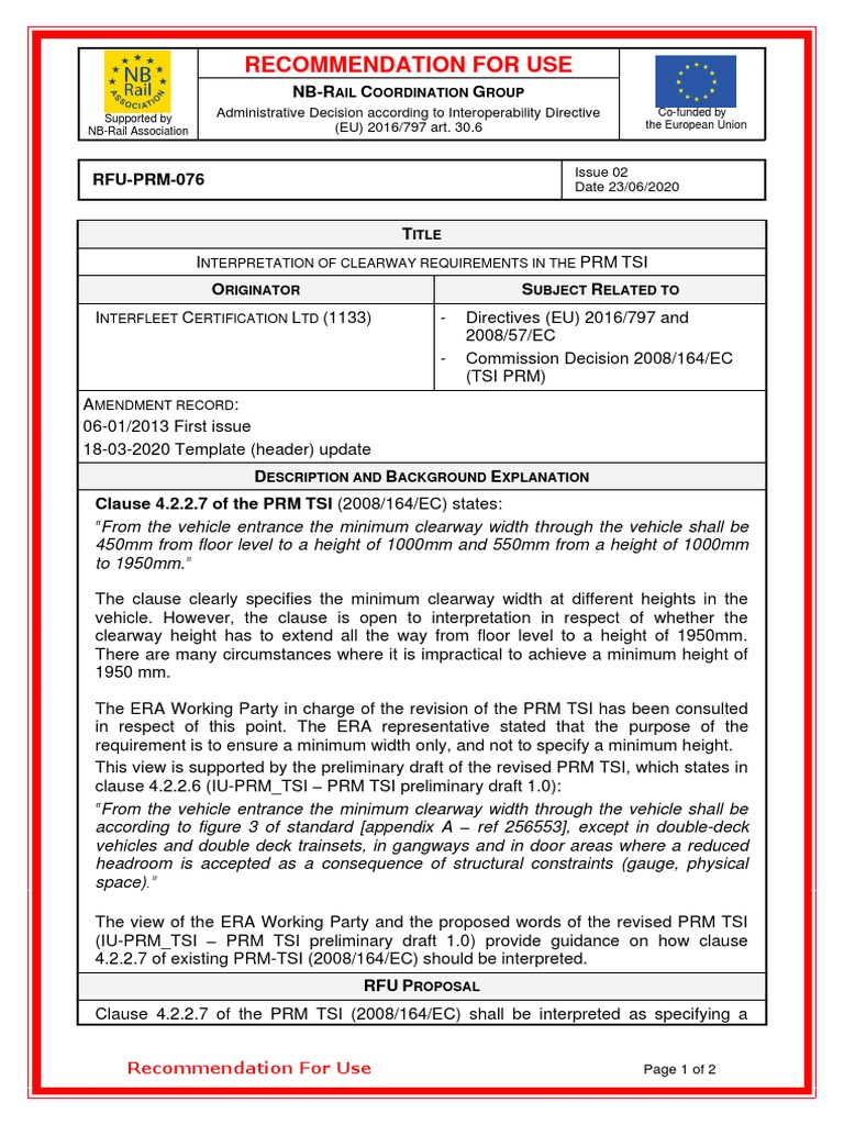 RFU-PRM-076 Interpretation of Clearway Requirements in The PRM TSI | PDF