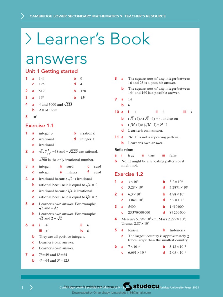 Learner's Book Answers: Unit 1 Getting Started | PDF