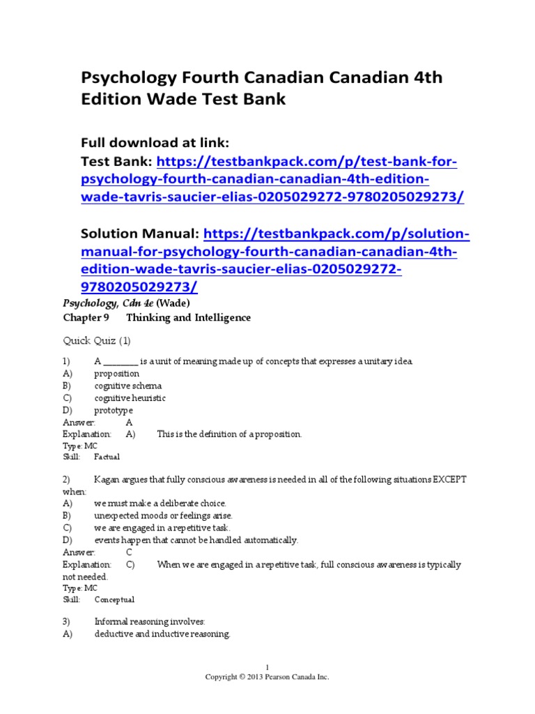 Psychology Fourth Canadian Canadian 4th Edition Wade Test Bank Download ...