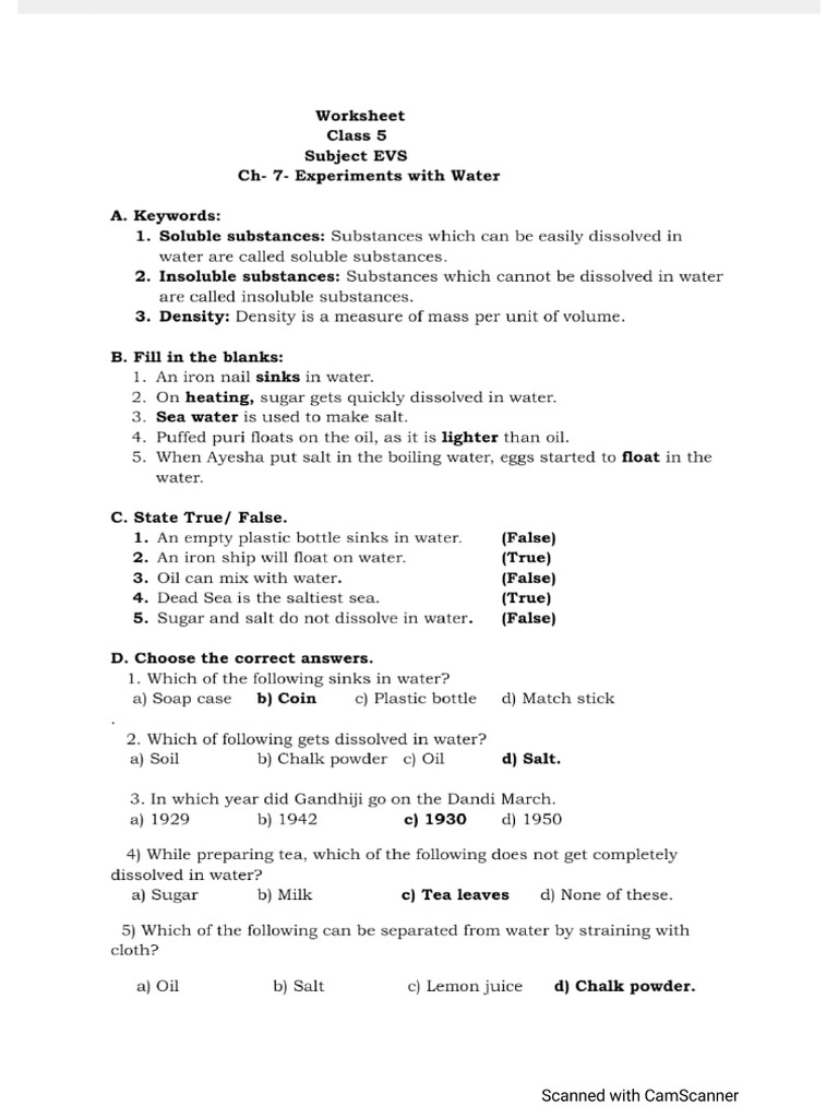 Class-5 Ch-7 (Experiments With Water) Worksheet With Answers | PDF