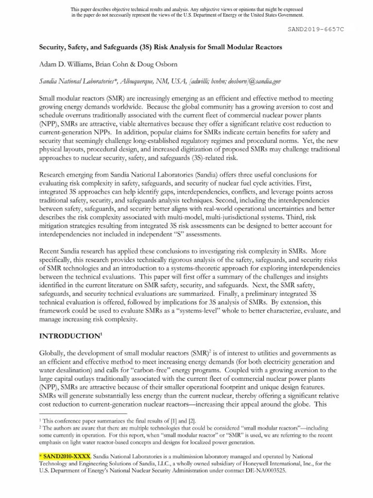 Security, Safety, and Safeguards (3S) Risk Analysis For Small Modular Reactors | PDF
