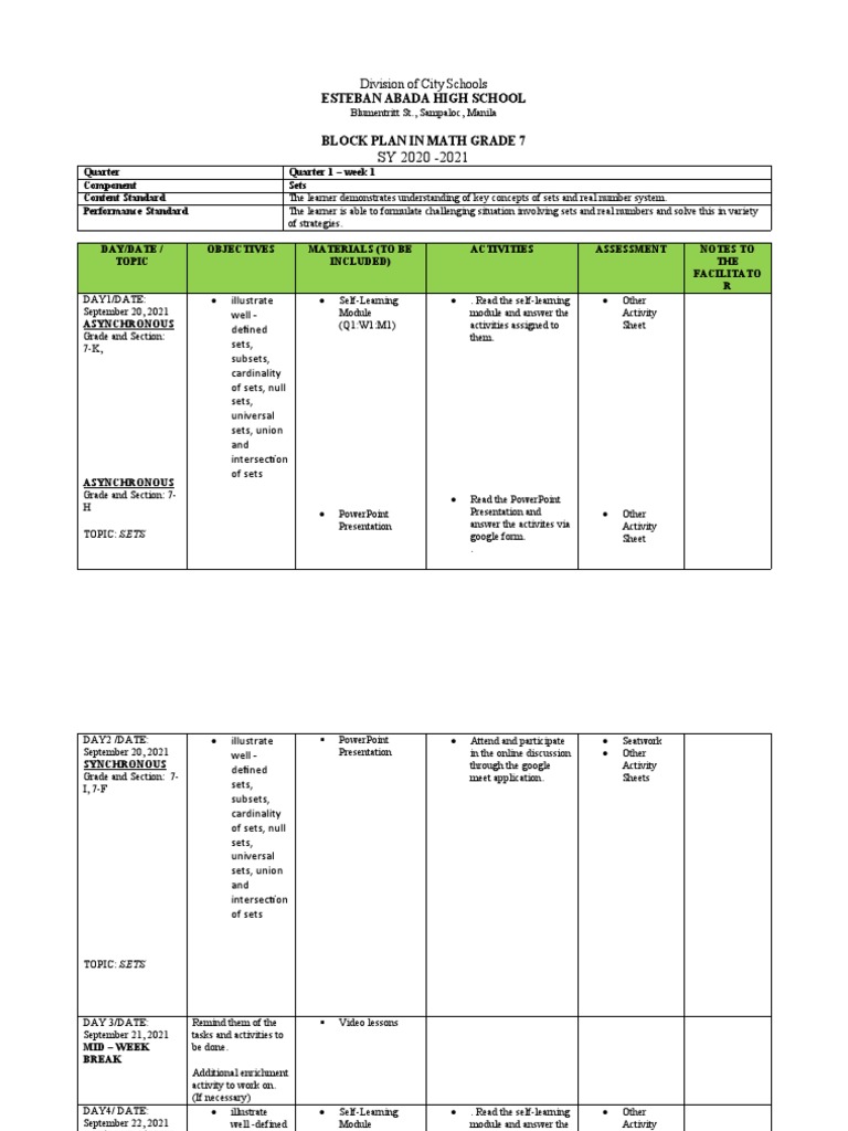 Sample Block Plan in Mathematics | PDF