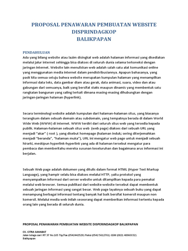 Proposal Pembuatan Website Disperindagkop | PDF
