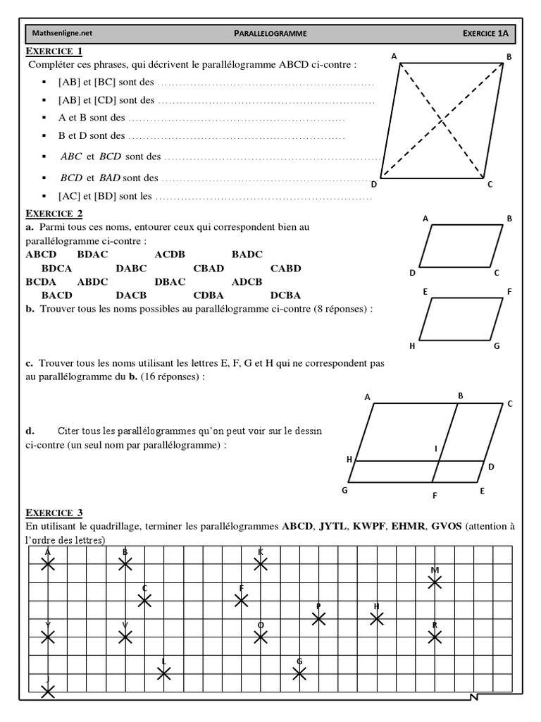 Chap 4 - Exercices 1A - Vocabulaire du parallélogramme - CORRIGE | PDF