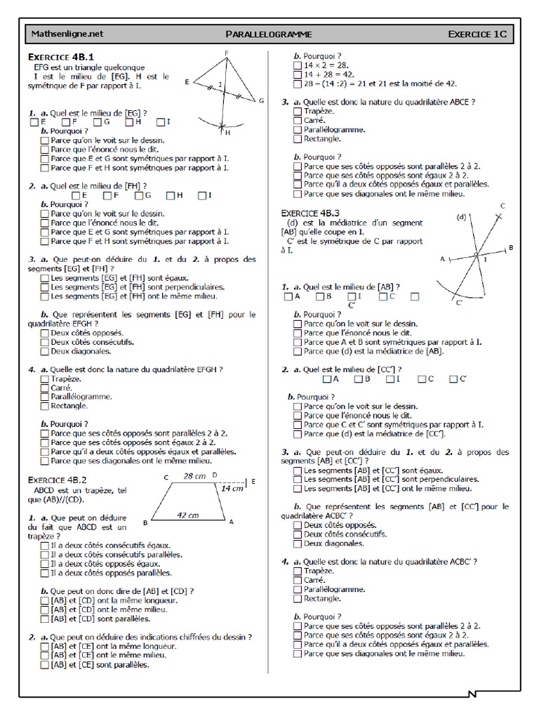 Chap 4 - Exercices 4B - Caractérisation D'un Parallélogramme - CORRIGE | PDF