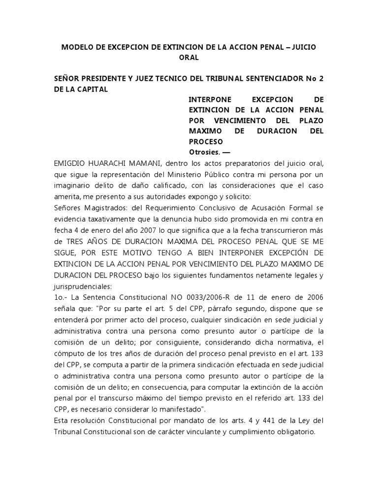 Excepcion de Extincion de La Accion Penal - Juicio Oral | PDF Excepcion de Extincion de La Accion Penal - Juicio Oral | PDF