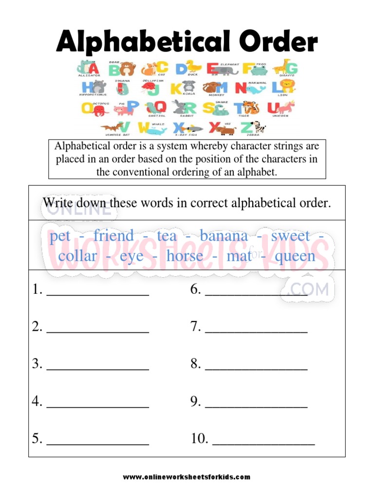 Alphabetical Order Worksheets For Grade 1-6 | PDF