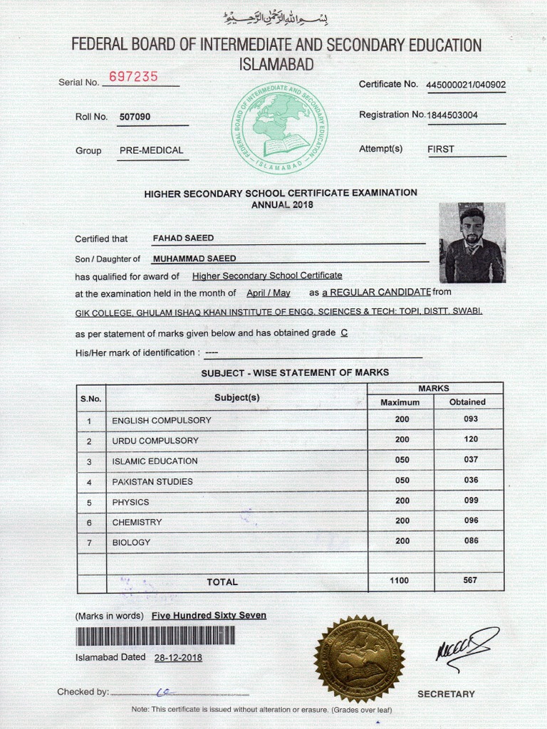 HSSC Certificate | PDF