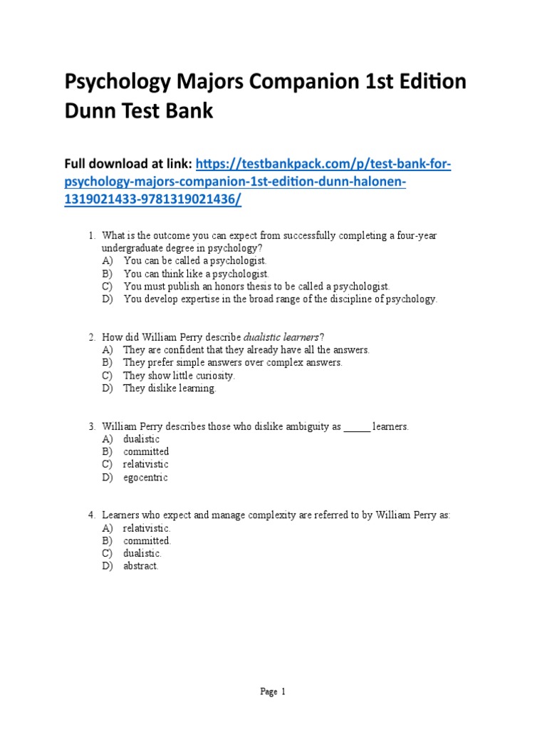 Psychology Majors Companion 1st Edition Dunn Test Bank Download | PDF ...