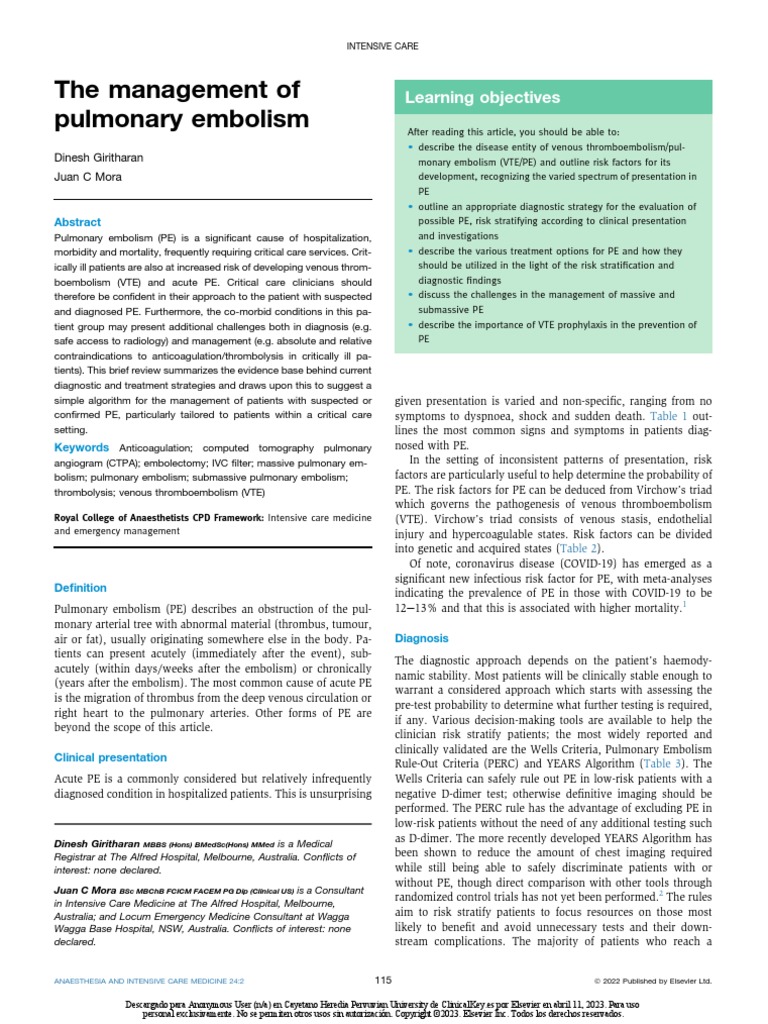The Management of Pulmonary Embolism | PDF
