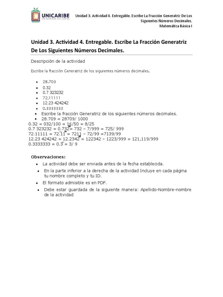 Unidad 3. Actividad 4. Entregable. Escribe La Fracción Generatriz de ...