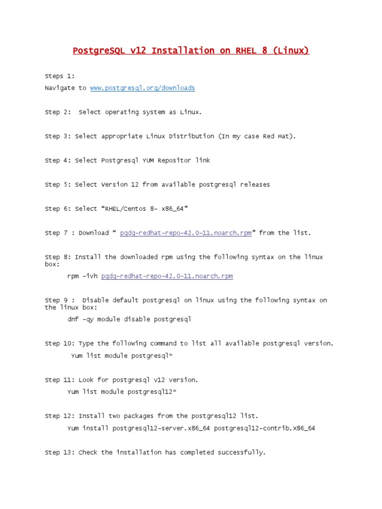 PostgreSQL v12 Installation On RHEL 8 | PDF PostgreSQL v12 Installation On RHEL 8 | PDF