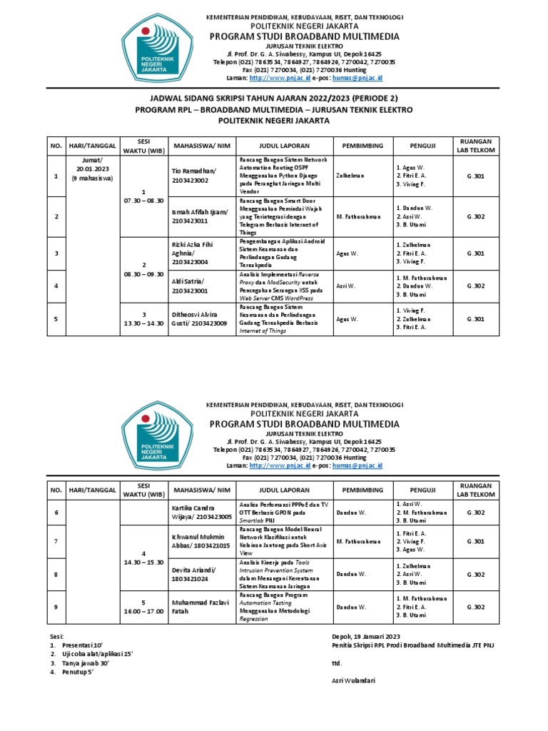Jadwal Sidang Skripsi RPL PNJ 2023 | PDF
