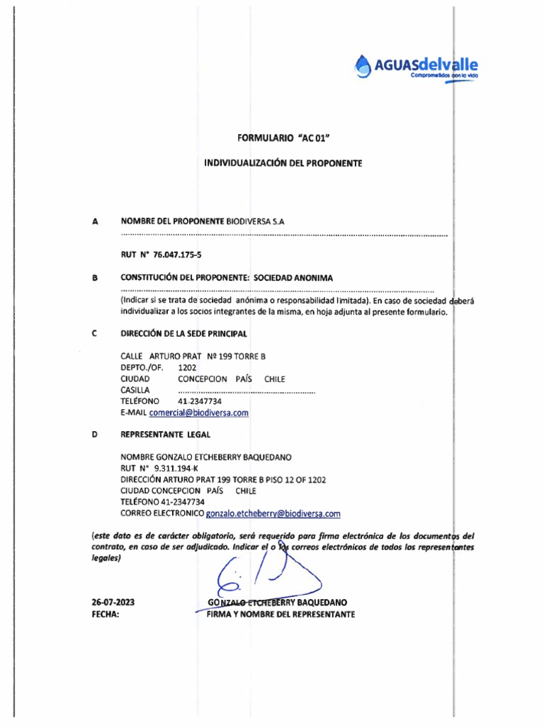 Formulario AC 01 Individualizacion Del Proponente | PDF