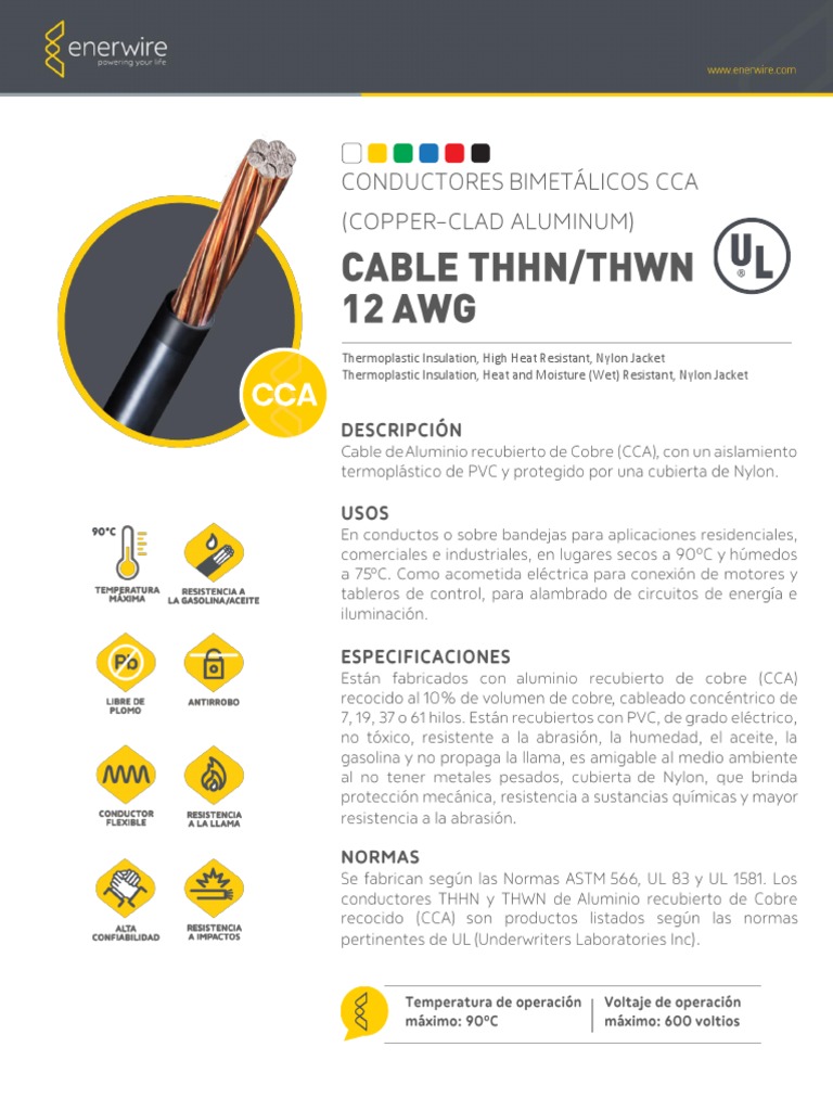 THHN Cca Ficha Técnica - Cable 12 Awg - Enerwire | PDF