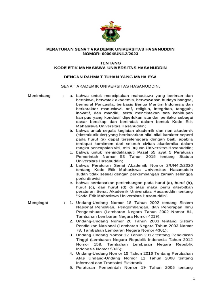 Kode Etik Mahasiswa Universitas Hasanuddin | PDF