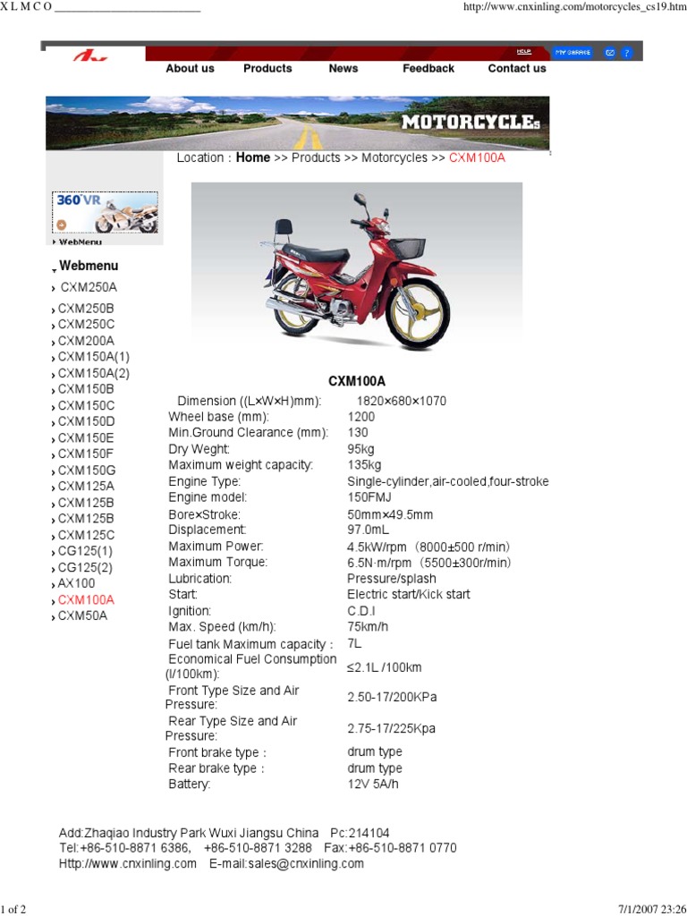 CXM100A Motorcycle Specifications | PDF