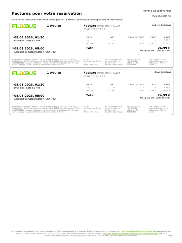 Factures FlixBus Bruxelles-Cologne | PDF