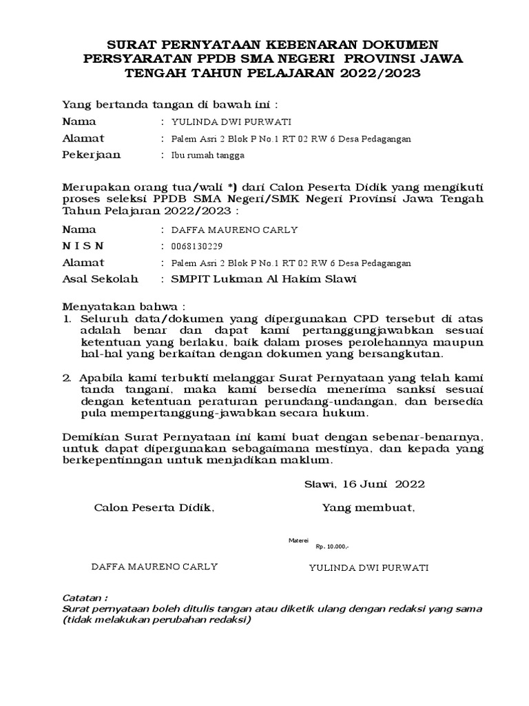 Surat Pernyataan Kebenaran Dokumen-Daffa | PDF
