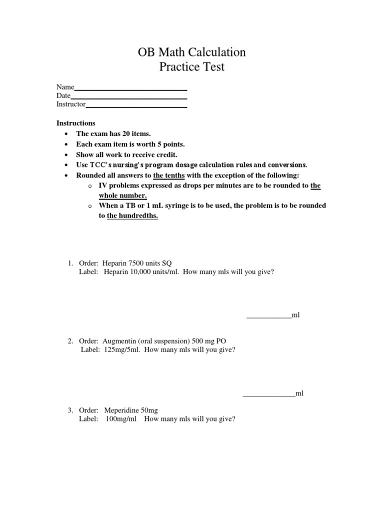 OB Math Calculation - Practice Test | Drugs | Nature