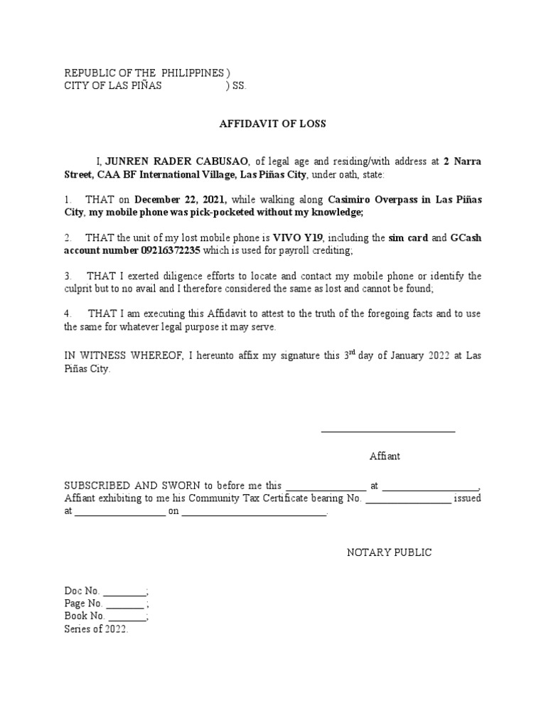 Affidavit of Loss - | PDF