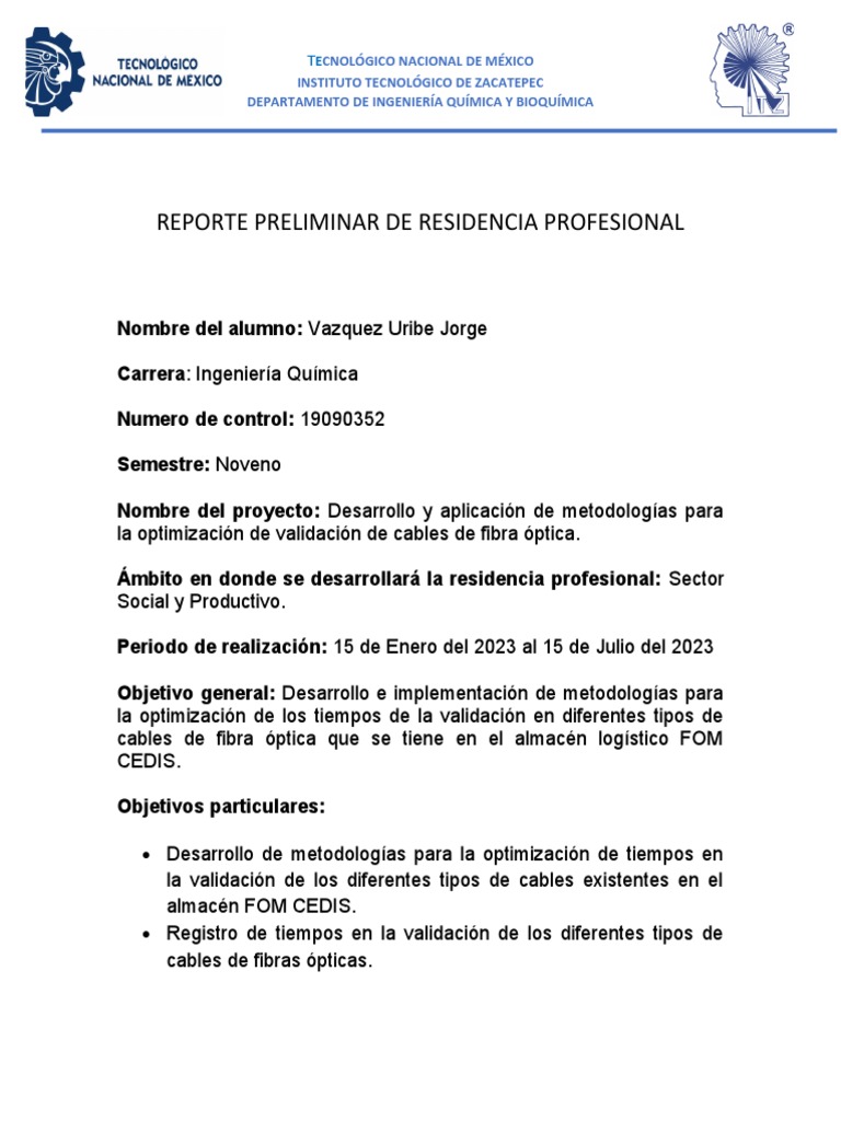 Reporte Preliminar de Residencia Profesional | Descargar gratis PDF | Ingeniería Química | Fibra ...