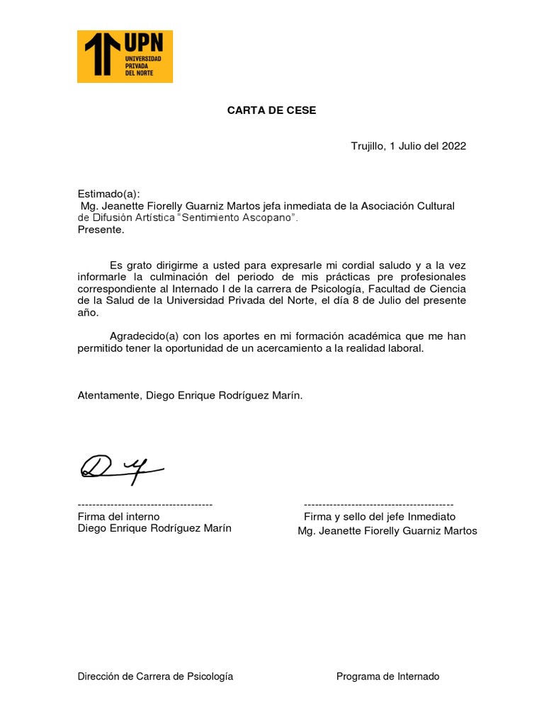 Carta de Cese de Prácticas Psicología | PDF