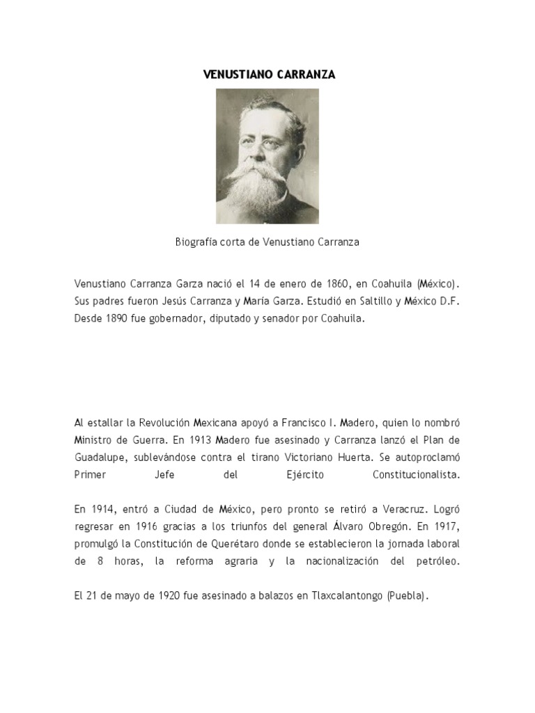 Biografía corta de Venustiano Carranza | PDF | Historia
