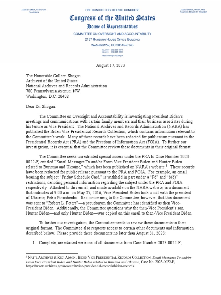 Comer Letter NARA Special Access Request | PDF